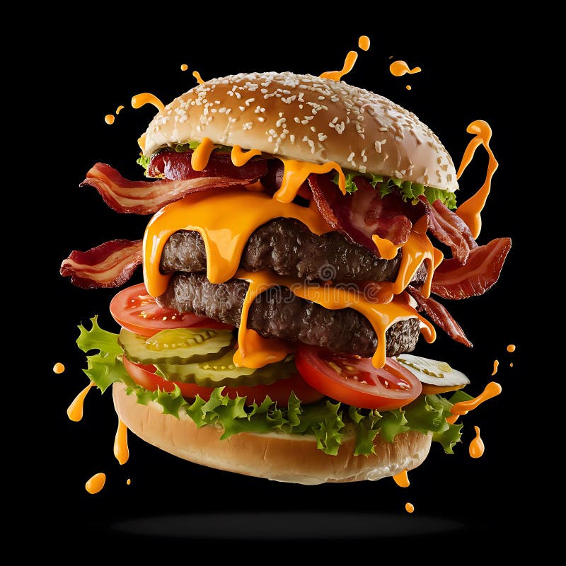 Gourmet Floating Cheeseburger Featuring Layers of Meat Presentation on ...