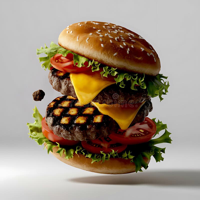 Gourmet Floating Cheeseburger Featuring Layers of Meat Presentation on ...