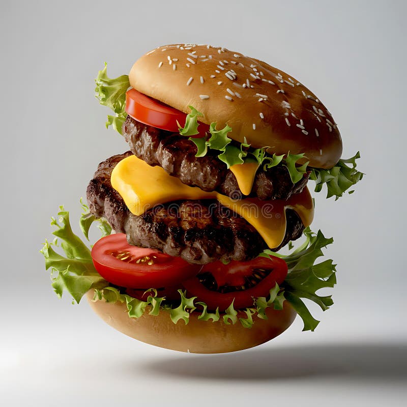 Gourmet Floating Cheeseburger Featuring Layers of Meat Presentation on ...