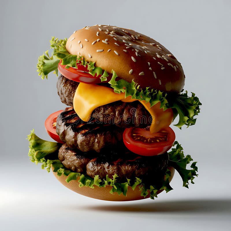 Gourmet Floating Cheeseburger Featuring Layers of Meat Presentation on ...