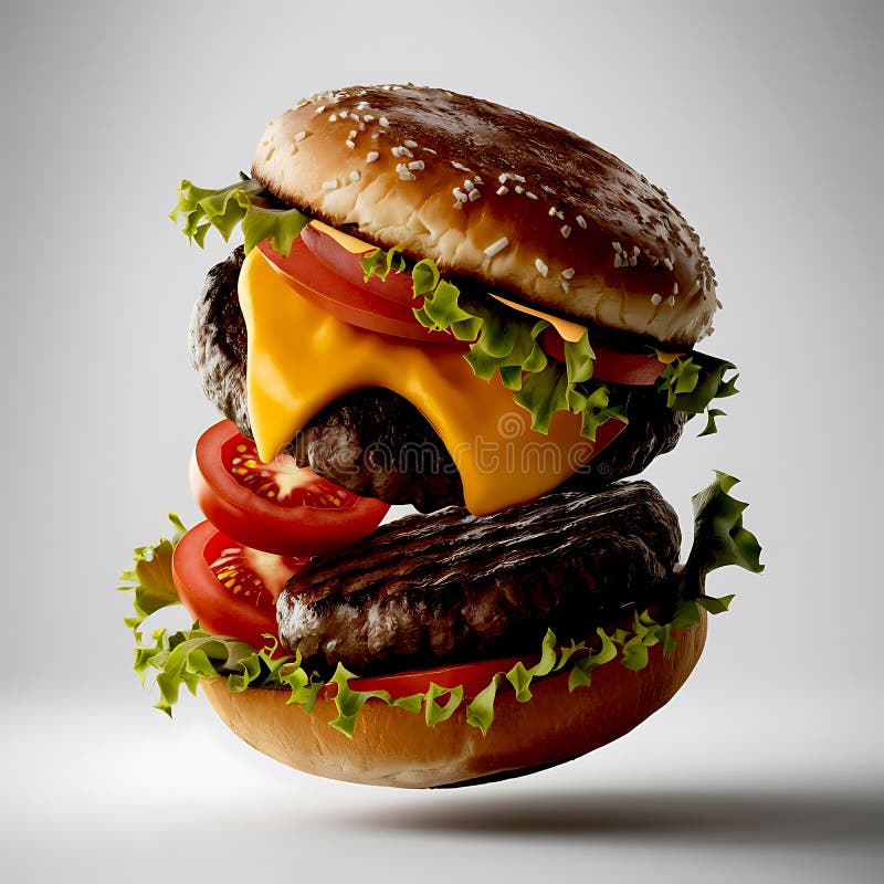 Gourmet Floating Cheeseburger Featuring Layers of Meat Presentation on ...