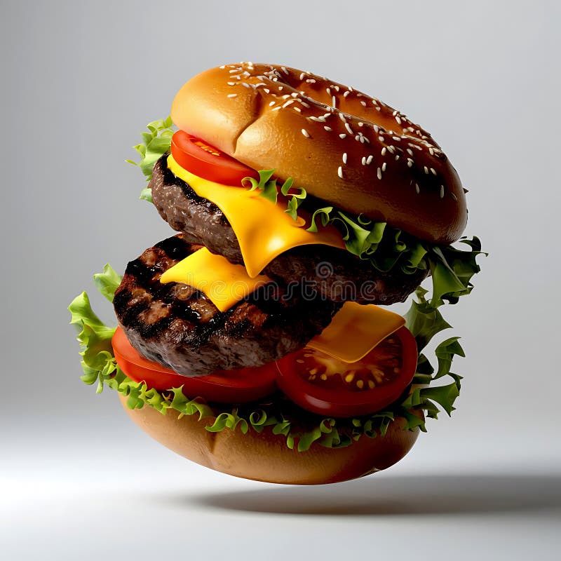 Gourmet Floating Cheeseburger Featuring Layers of Meat Presentation on ...