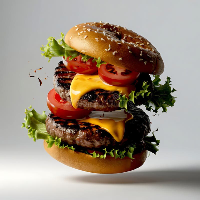 Gourmet Floating Cheeseburger Featuring Layers of Meat Presentation on ...