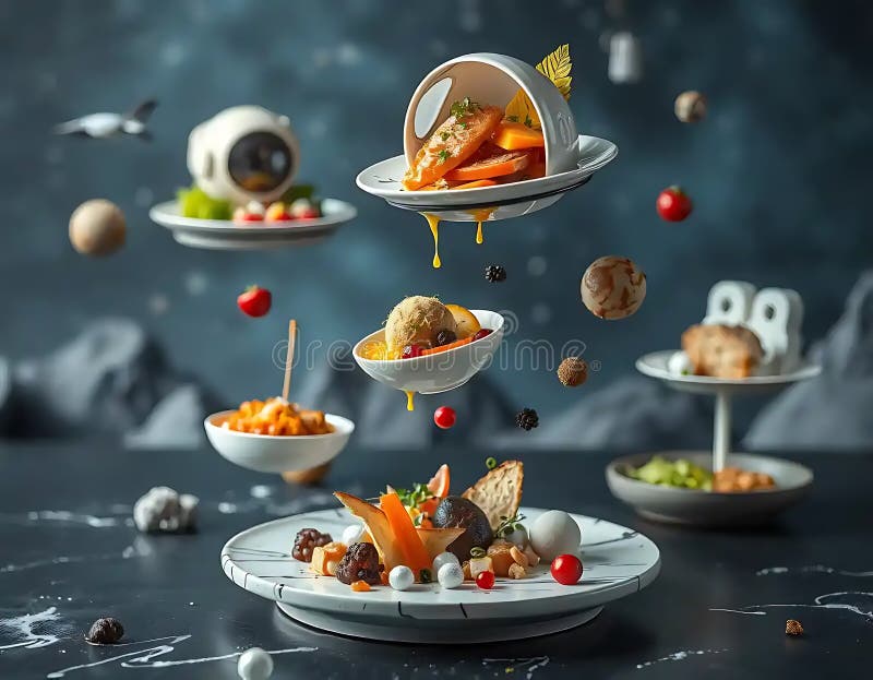 Gourmet Food Dishes Floating in Space a Culinary Masterpiece Stock ...