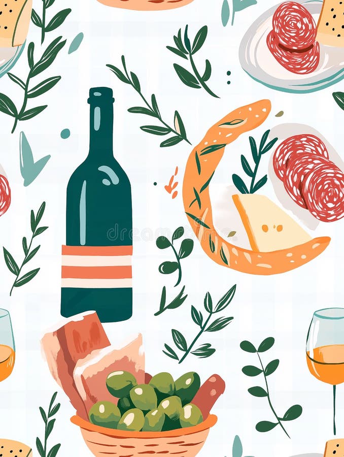 Gourmet Food and Wine Pattern with Cheese, Salami, and Rustic Elements ...