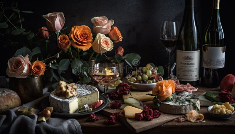 Gourmet Food and Wine on Rustic Table Generated by AI Stock ...