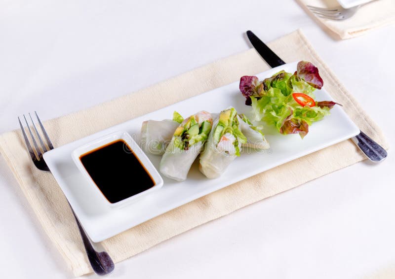 Gourmet Spring Rolls Main Entree with Sauce Stock Image - Image of ...