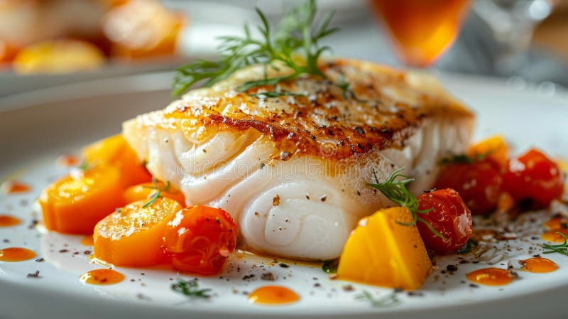 Gourmet Fried Cod Fish with Vegetables and Sauce on a Plate. Stock ...