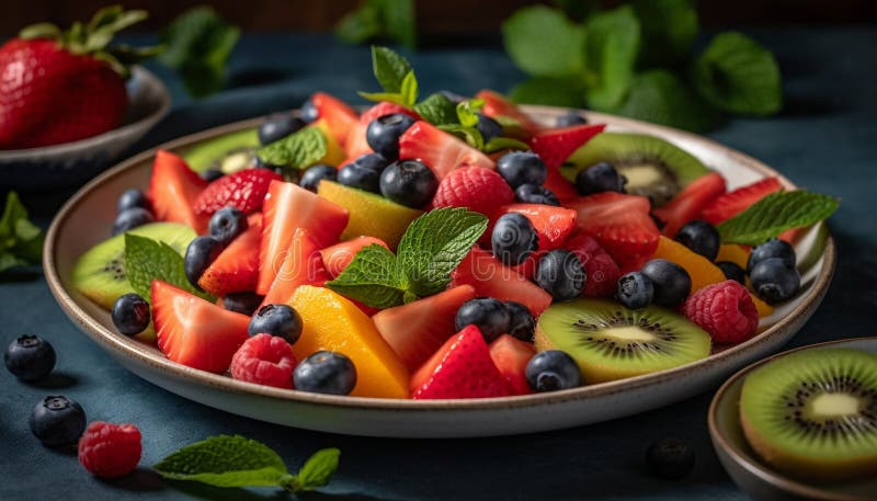 A Gourmet Fruit Salad with Blueberries, Strawberries, and Raspberries Generated by AI Stock ...