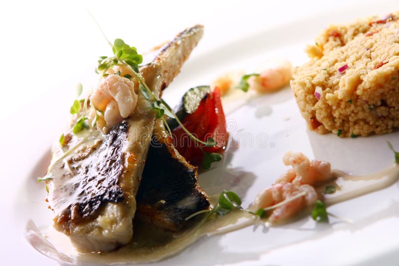 Gourmet Grilled Fish Served with Prawns Stock Photo - Image of codfish ...