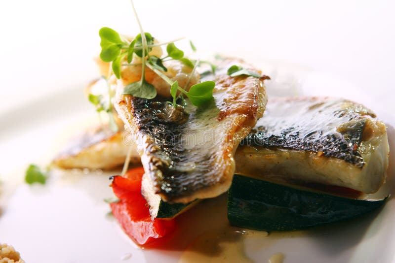 Gourmet Grilled Fish Served with Prawns Stock Photo - Image of pepper ...