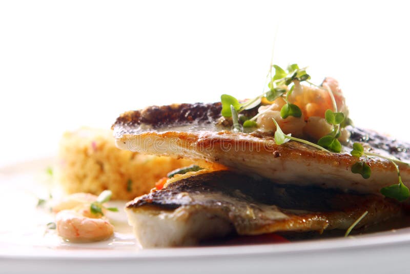 Gourmet Grilled Fish Served with Prawns Stock Image - Image of diet ...