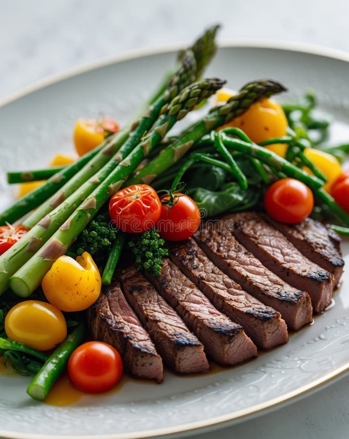 Gourmet Grilled Steak with Fresh Vegetable Sides on Elegant Plate Stock ...