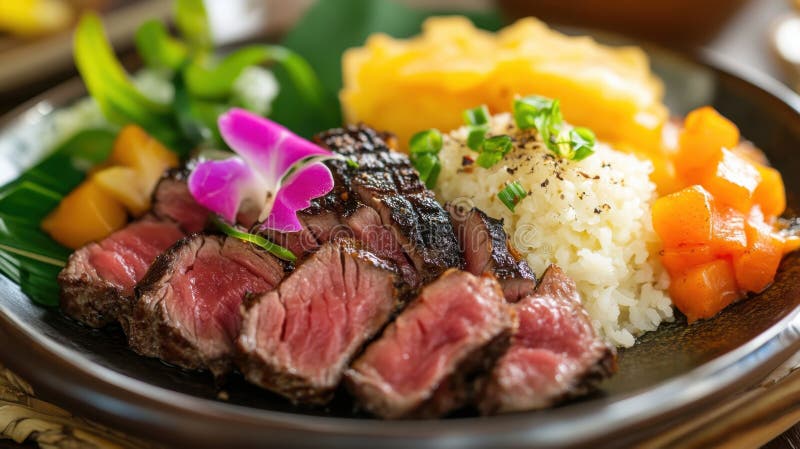 Gourmet Grilled Steak with Rice and Vegetables Garnished with Flower ...