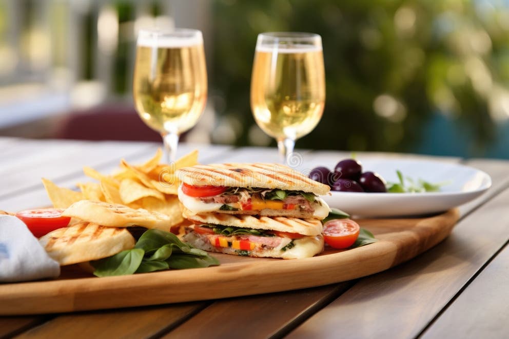 Gourmet Ham and Cheese Panini with Chips on a Bistro Table Stock Image ...