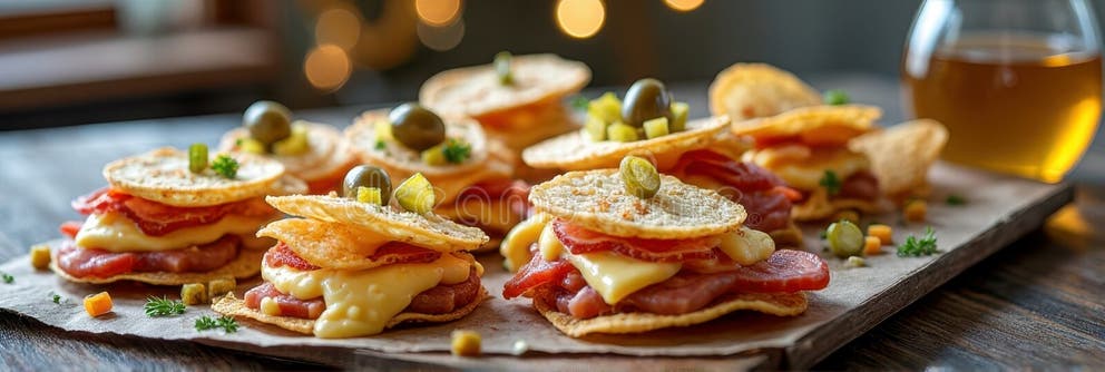 Gourmet Ham and Cheese Stacks with Olives and Pickles on a Rustic ...