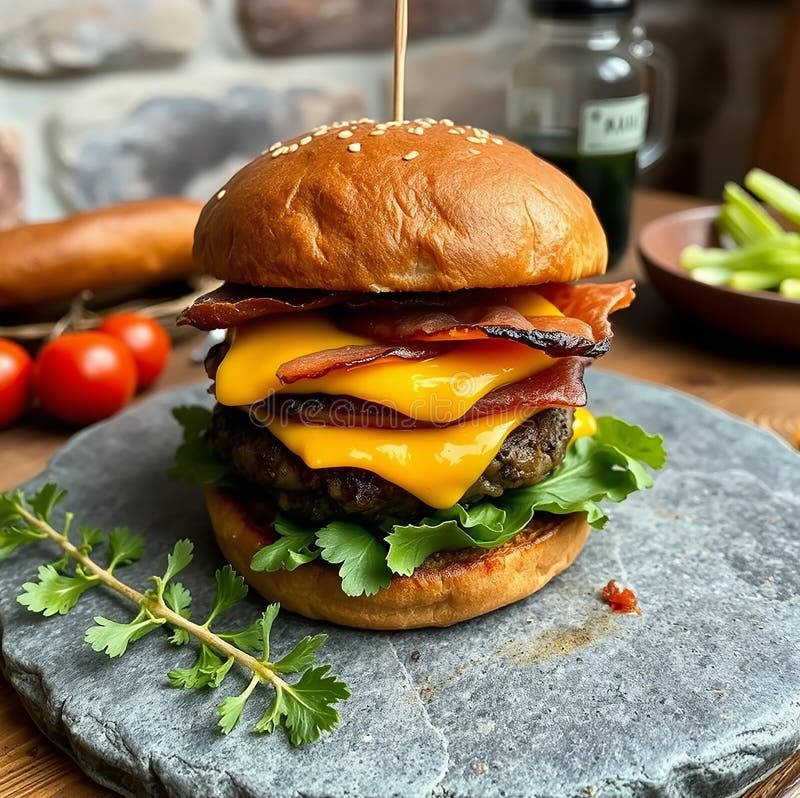 Homemade Hamburger with Bacon and Cheese on Stone Board Stock ...