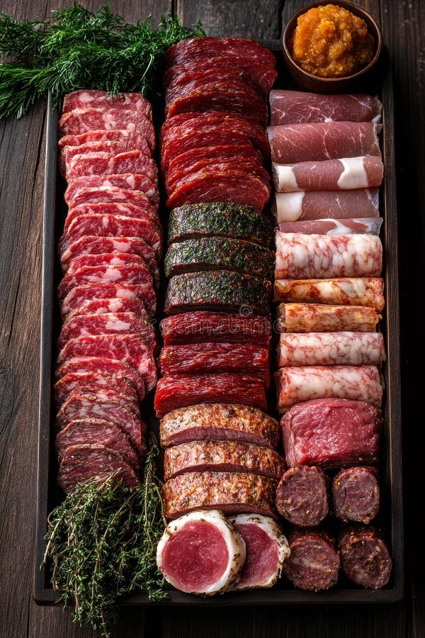 Gourmet Jerky Selection Various Dried Meat Cuts on a Rustic Table ...