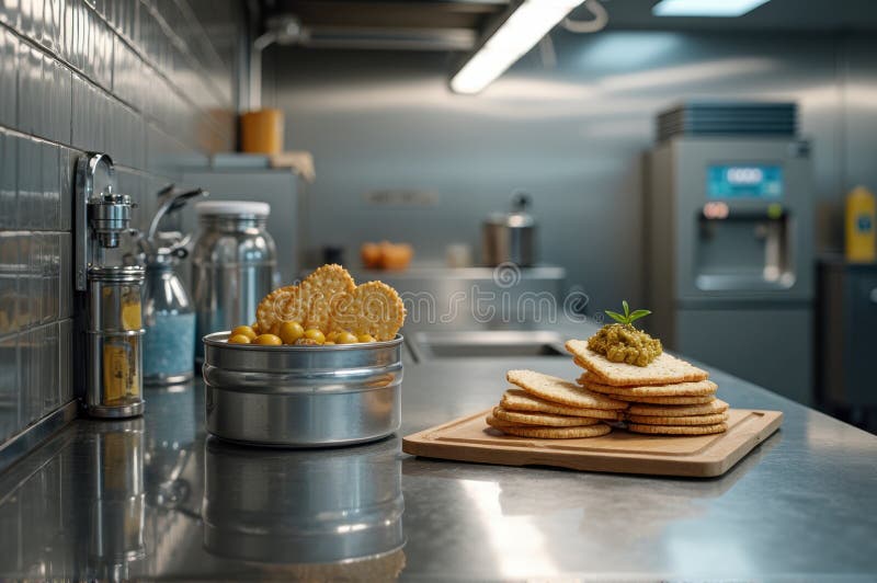 Gourmet Kitchen Interior with Crackers and Olive Tapenade on Stainless ...