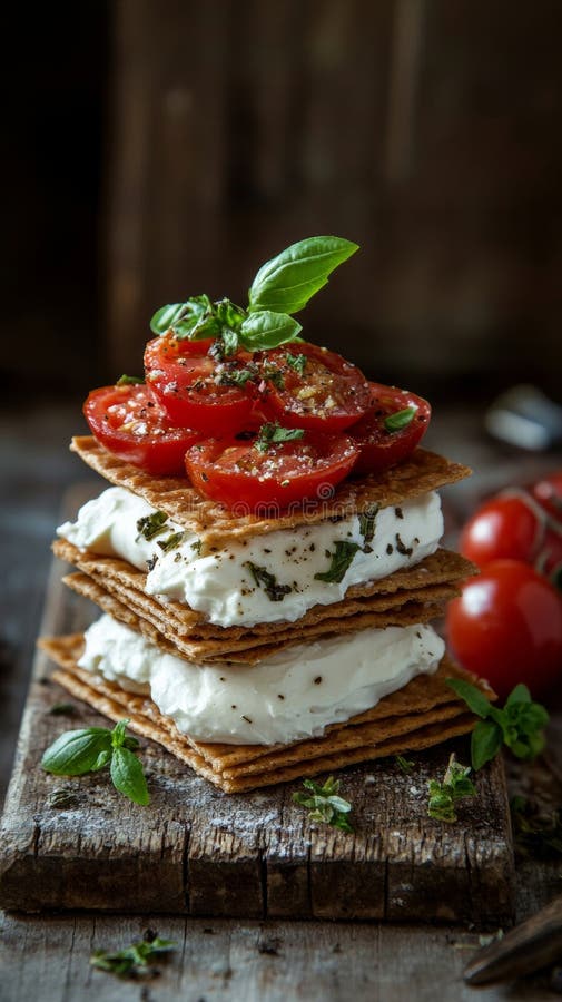Gourmet Layered Cracker with Cheese and Tomatoes on Rustic Board Stock ...