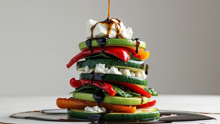 Gourmet Layered Vegetable Stack with Goat Cheese and Balsamic Glaze ...