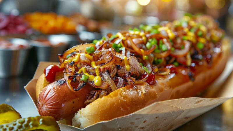 Gourmet Loaded Hot Dog with Toppings Stock Photo - Image of gourmet ...