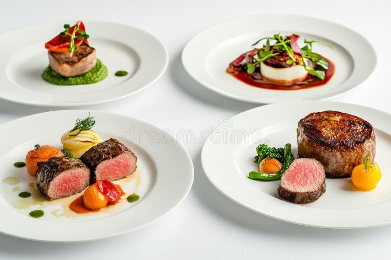 A Gourmet Meal Featuring Four Elegant Plates of Various Meat Dishes and ...