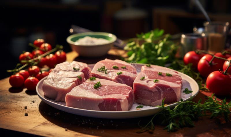 Gourmet Meal Preparation Fresh Pork Chops with Herbs and Tomatoes on ...