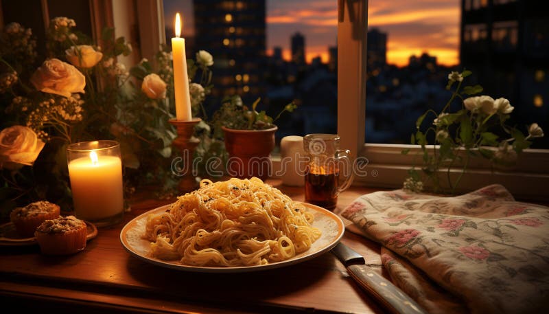 Gourmet Meal on Table, Candle Flame Illuminates Celebration Generated ...