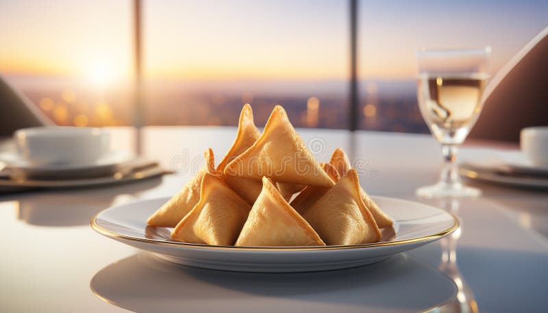 Gourmet Meal on Table, Sunset Backdrop, Refreshing Drink, Appetizer ...