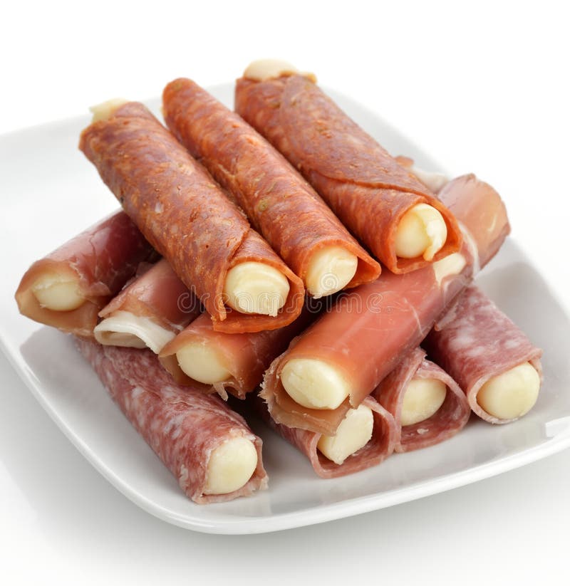 Meat and Salami Rolls with Cheese Stock Photo - Image of cheese, rolled ...