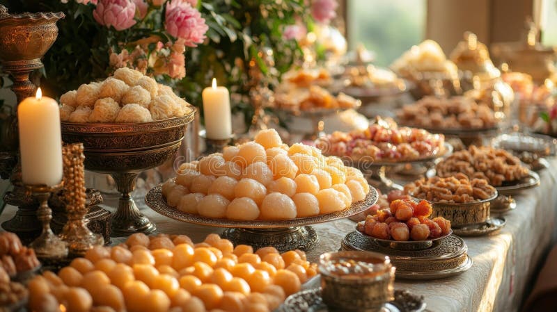 Gourmet Middle Eastern Sweets and Desserts Served on Tables with ...