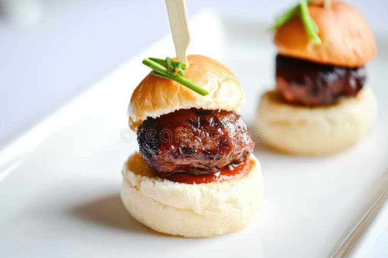 Gourmet Mini Burger on a Skewer with Chives on a White Plate Stock ...