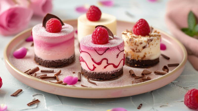 Gourmet Mini Chocolate Raspberry Cakes on Elegant Plate with Romantic ...
