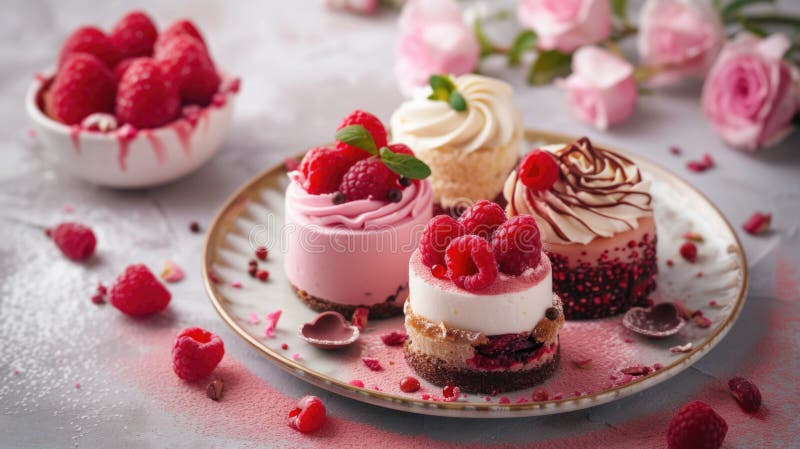 Gourmet Mini Chocolate Raspberry Cakes on Elegant Plate with Romantic ...