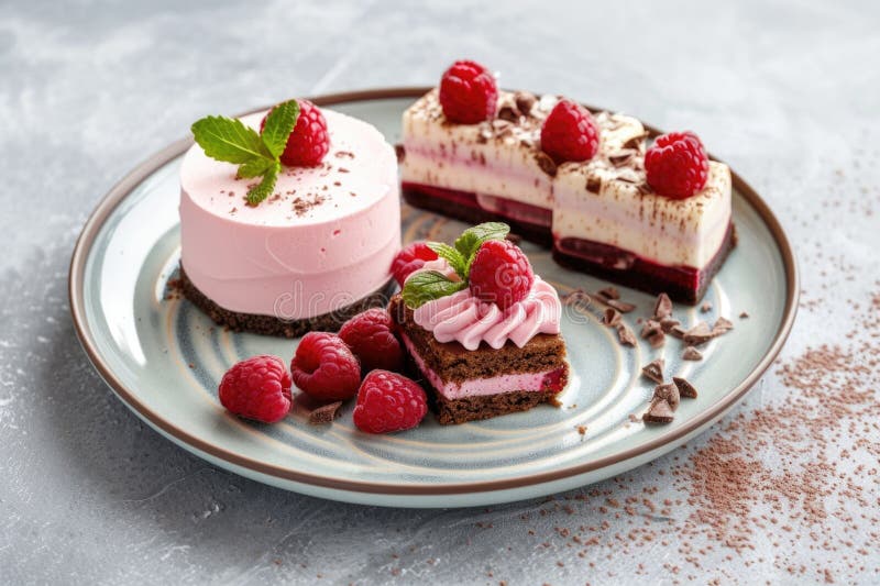 Gourmet Mini Chocolate Raspberry Cakes on Elegant Plate with Romantic ...