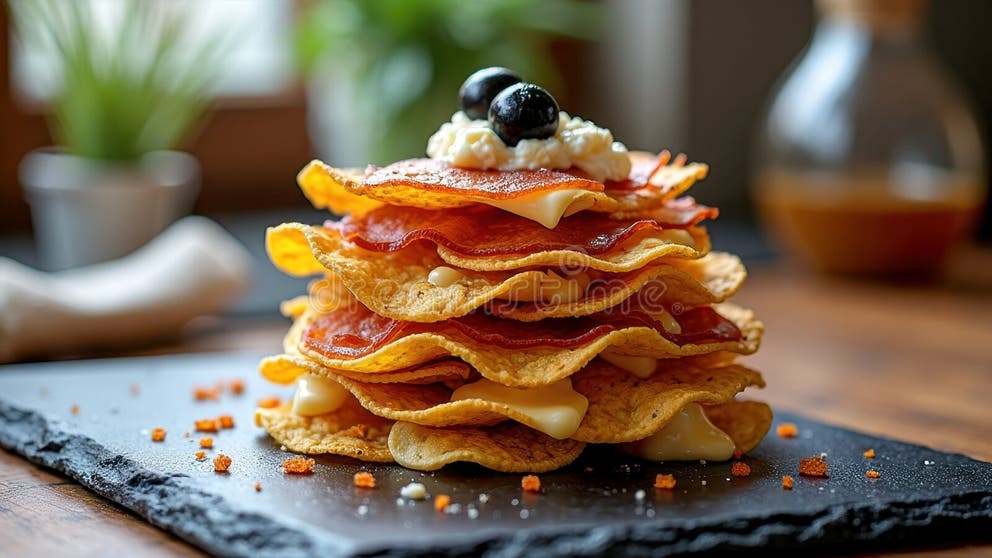 Gourmet Nacho Stack with Cheese and Pepperoni Garnished with Olives on Slate Plate Stock Photo ...