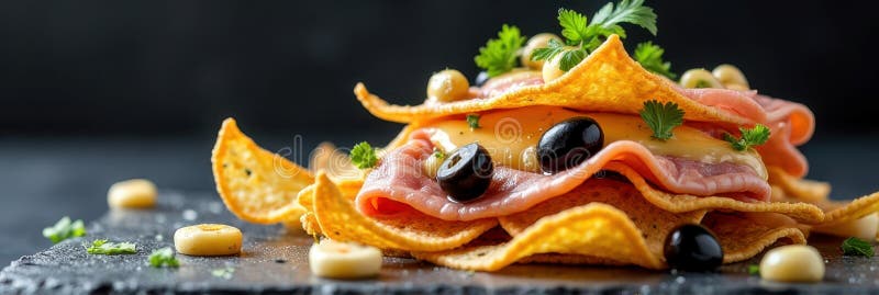 Gourmet Nachos with Ham, Cheese, Black Olives, Parsley, and Crackers ...