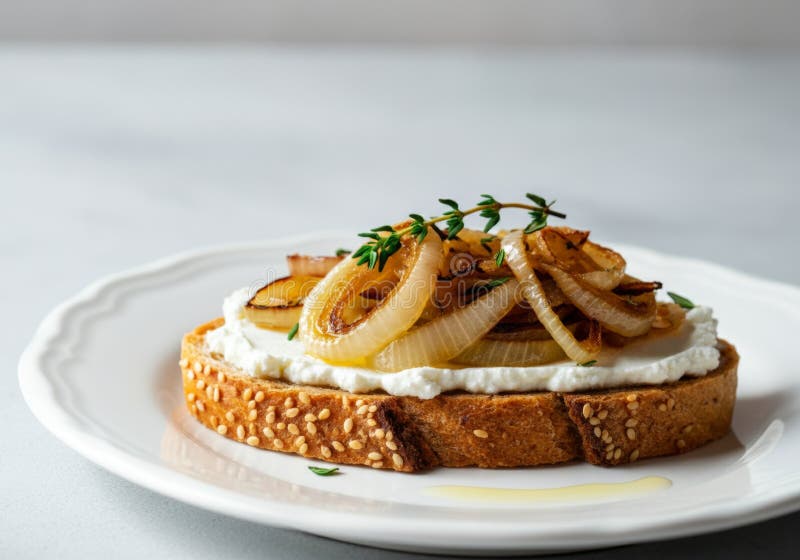 Gourmet Open-faced Sandwich with Caramelized Onions and Fresh Thyme on ...