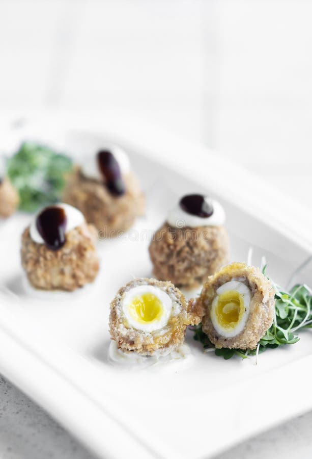 Gourmet Organic Scotch Quail Eggs Starter Snack on Table Stock Image ...