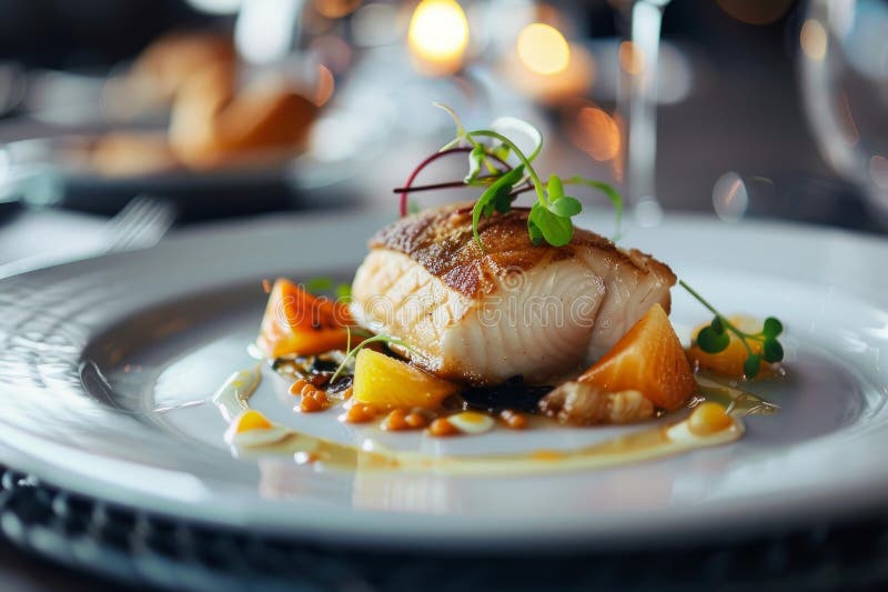 Gourmet Panseared Cod Fish on Elegant Dinner Table Stock Image - Image ...