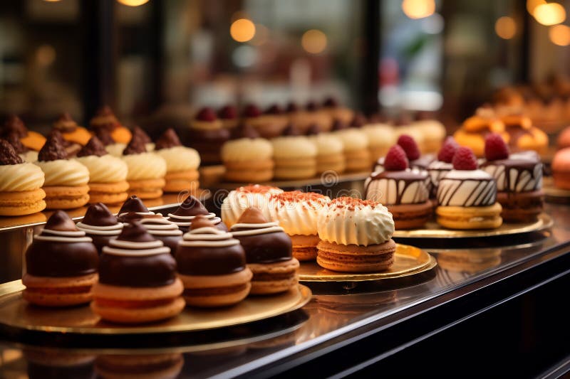 Gourmet Pastries in Elegant Bakery Showcase Stock Photo - Image of ...