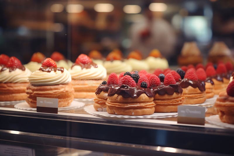 Gourmet Pastries in Elegant Bakery Showcase Stock Photo - Image of ...