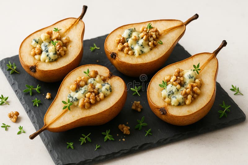 Gourmet Pears with Cheese and Walnuts on Slate Platter. Concept of ...