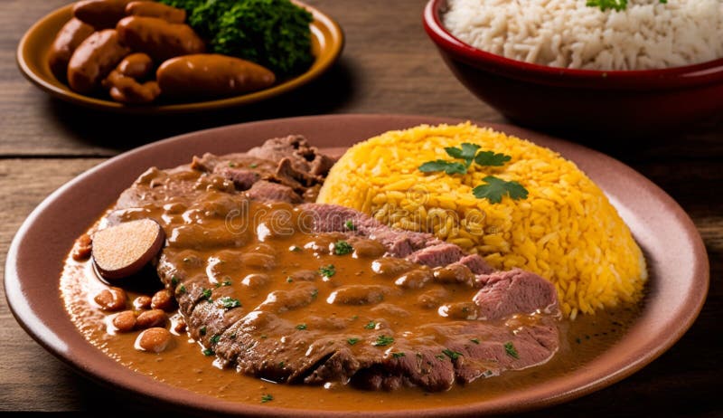 Gourmet Plate of Cooked Beef, Rice, and Vegetables ,generative AI Stock ...