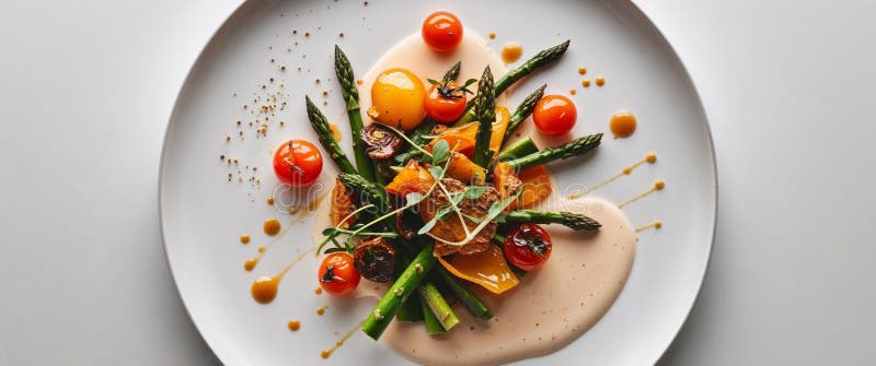 Gourmet Plate with Creamy Sauce and Vegetables Stock Image - Image of ...