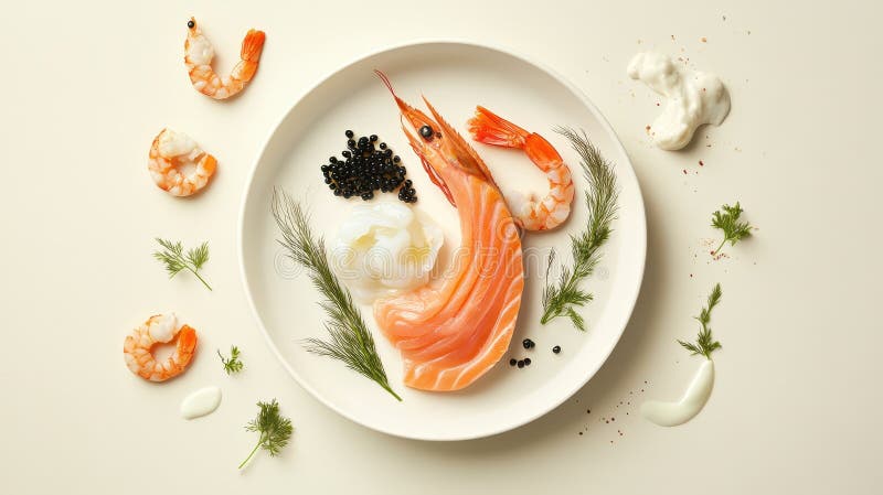 A Gourmet Plate Featuring Shrimp, Fish, Caviar, and Herbs, Elegantly ...