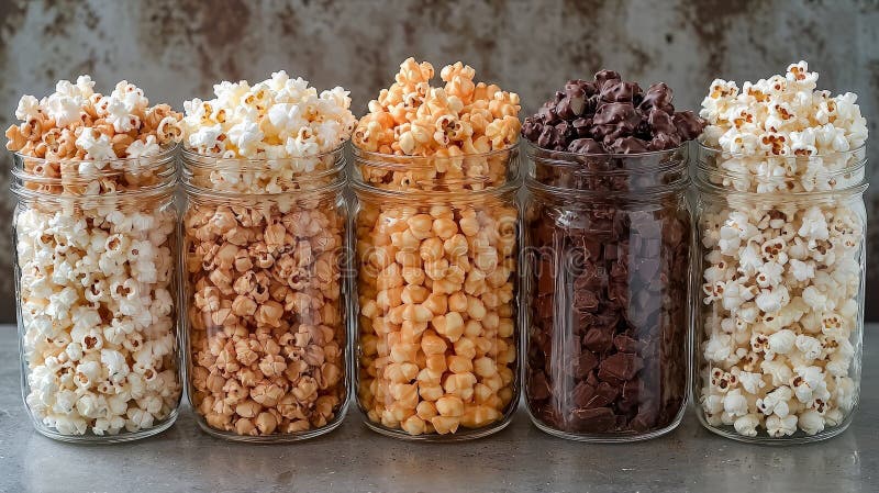Gourmet Popcorn Variety Jars on Rustic Surface Stock Photo - Image of ...