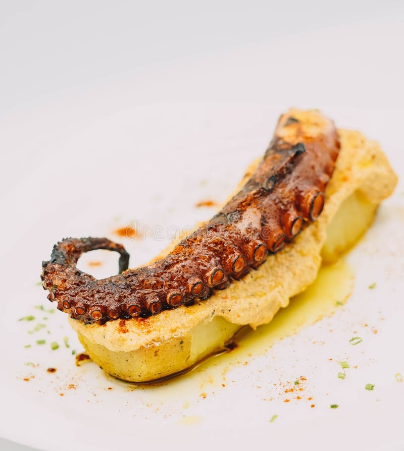 Gourmet Portion of Octopus Tentacle on Baked Potatoes Stock Photo ...