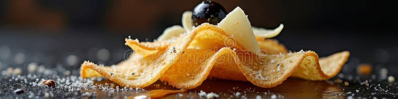 Gourmet Potato Chip with Olive and Cheese Garnish on Slate Surface ...